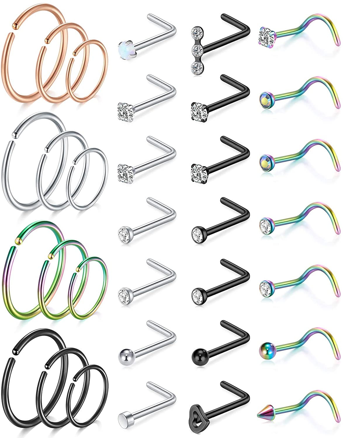 20g L Shaped/Screw Nose Rings Studs Set Diamond CZ Hypoallergenic Nose ...