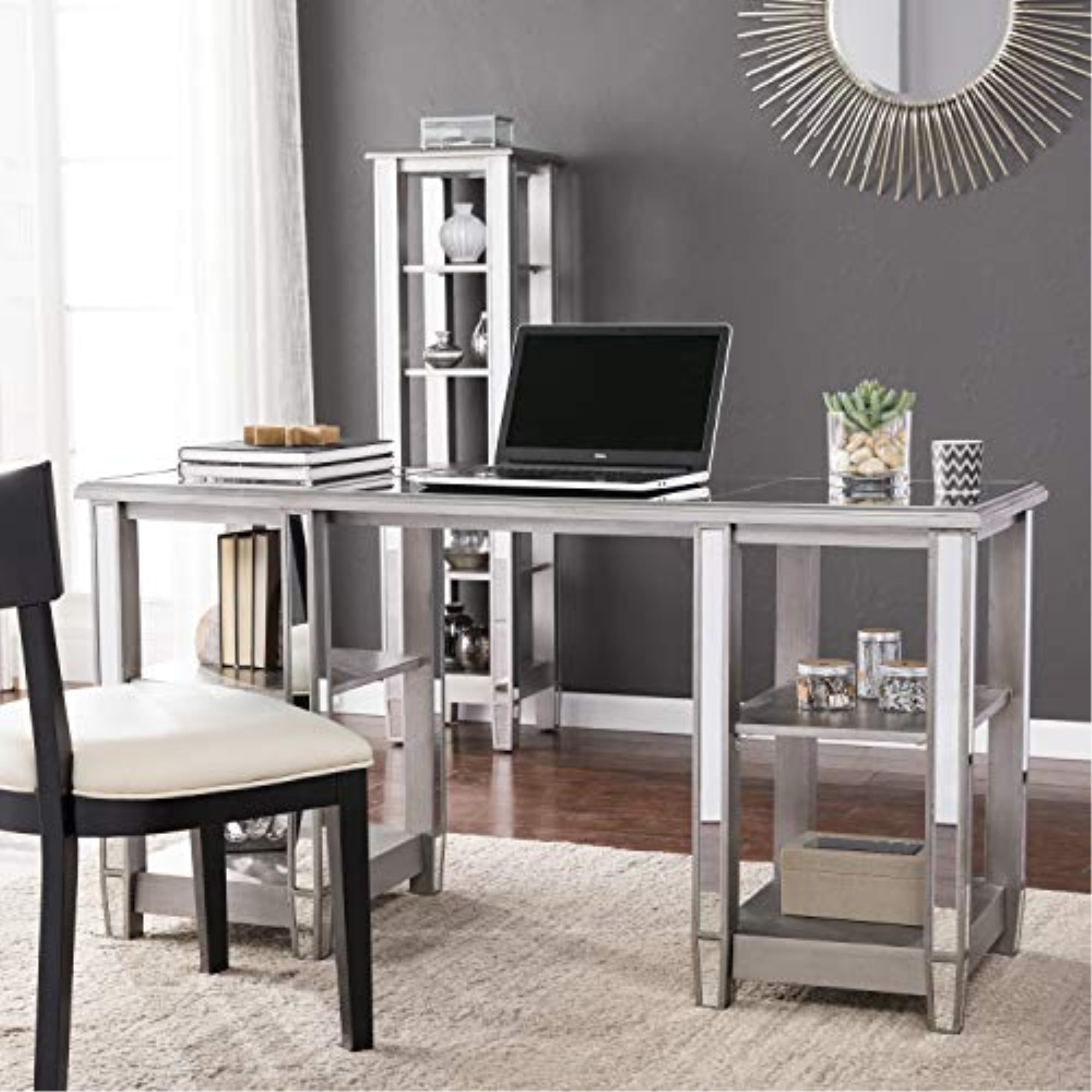 Wedlyn Mirrored Desk - Glam Style - Brushed Matte Silver w/ Mirror ...