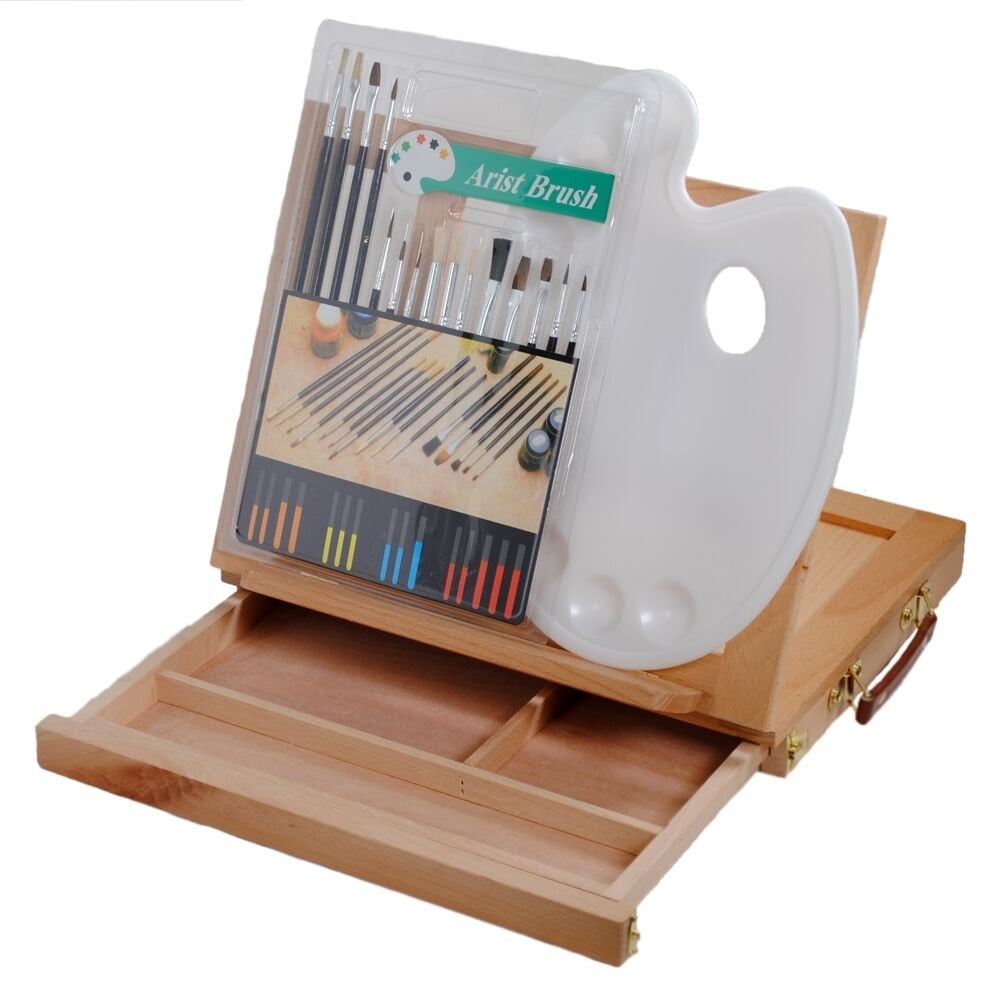 Student Portable Desktop Artist Easel w 15pc Paintbrush Set + Palette ...