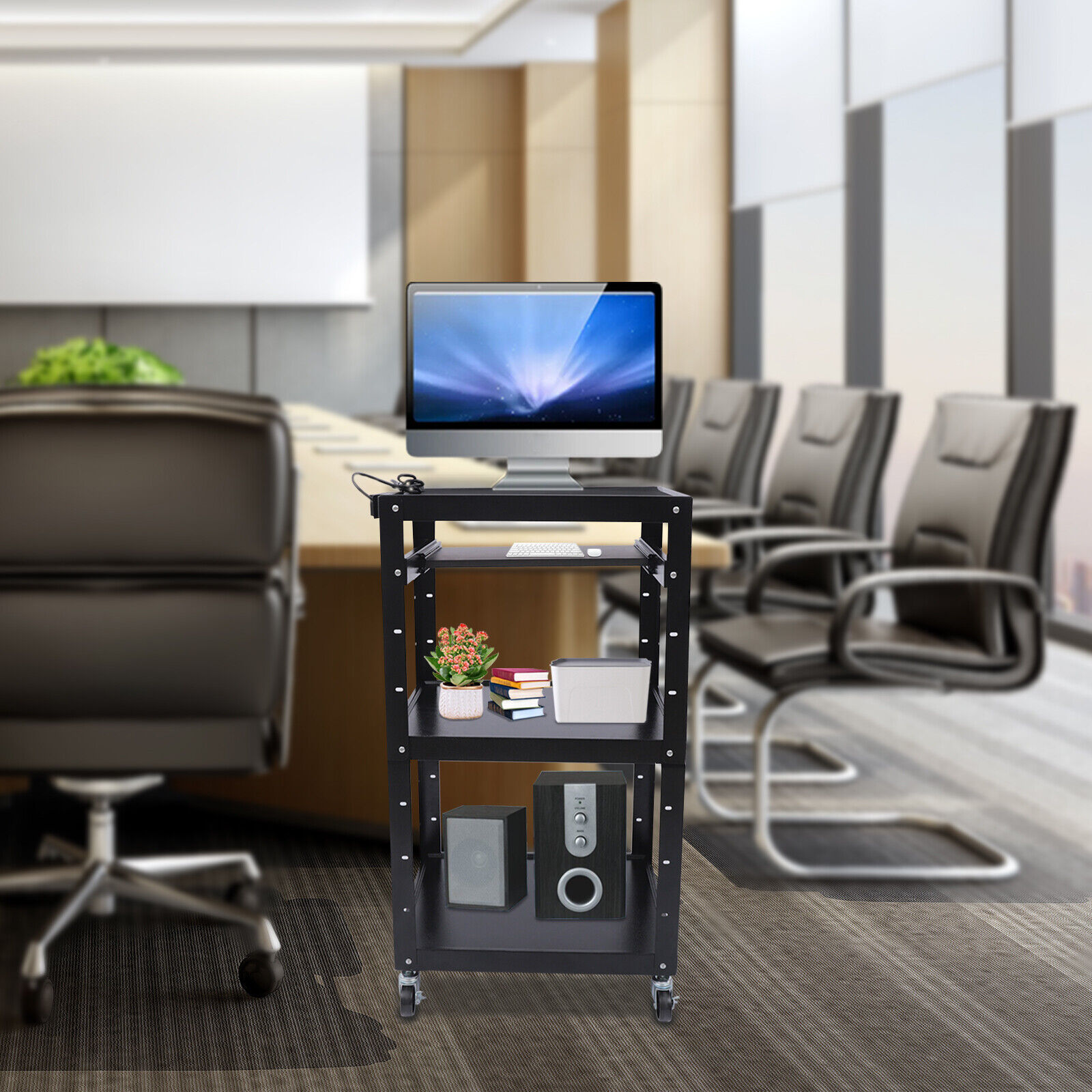 Iron AV Cart on Wheels Rolling Standing Desk with Power Strip Cord ...