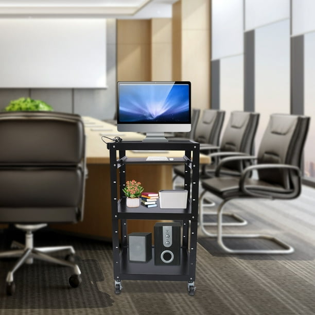 Iron AV Cart on Wheels Rolling Standing Desk with Power Strip Cord ...