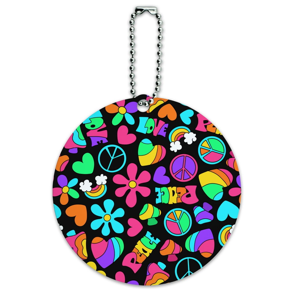 Groovy Hippie Peace and Love Pattern Round Luggage ID Tag Card Suitcase ...