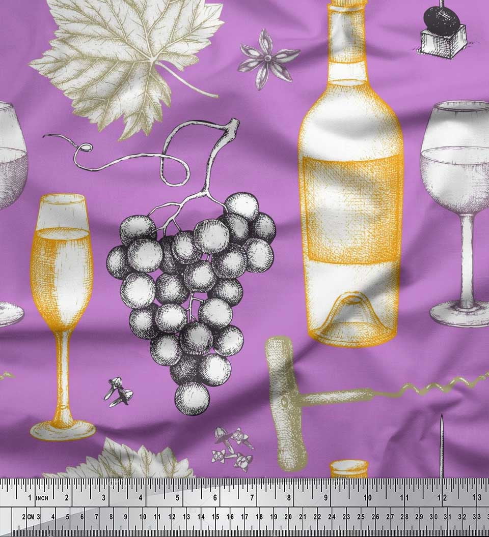 Soimoi Velvet Fabric Grapes,Wine Glass & Bottle Print Fabric by Yard 58 ...