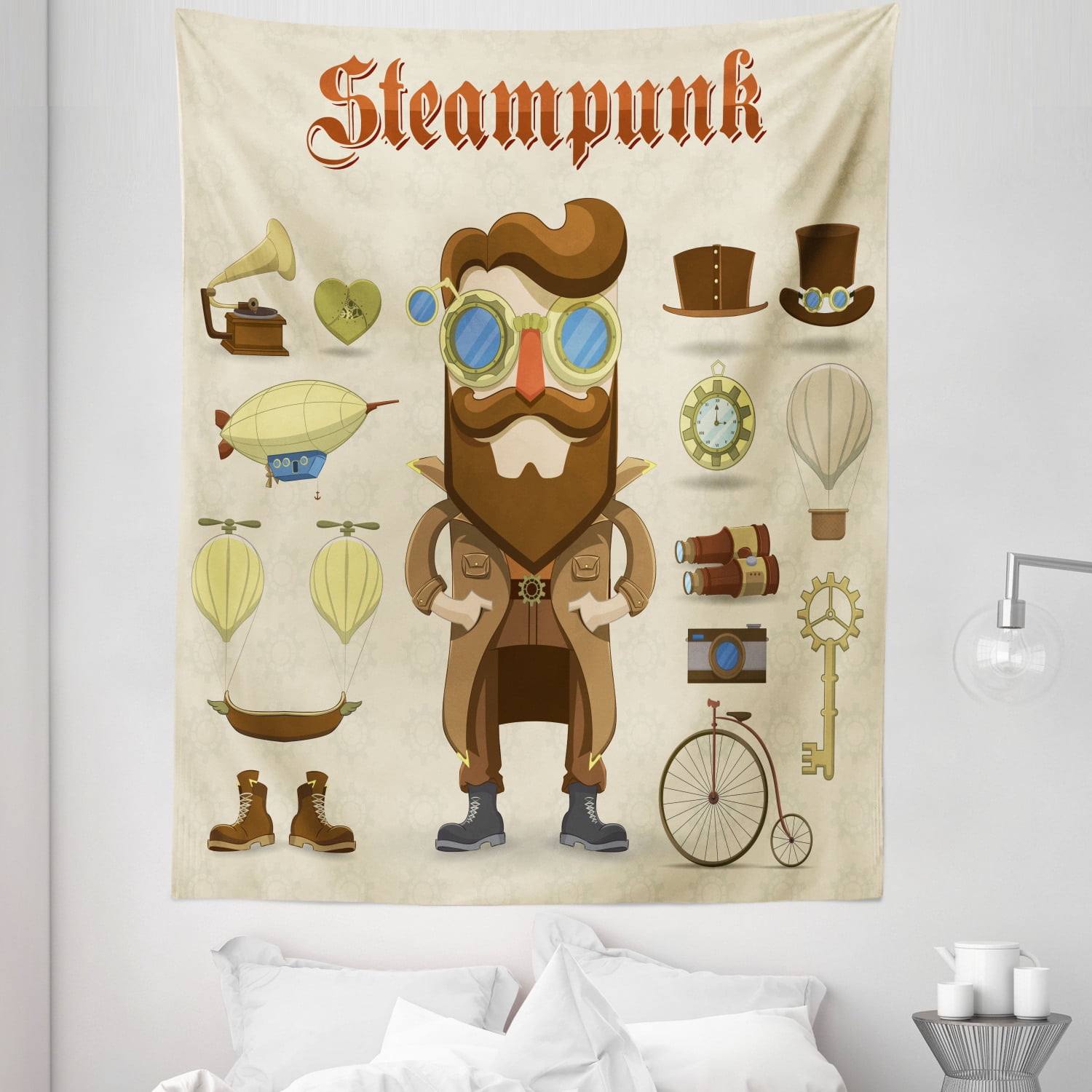 Steampunk Tapestry, Cartoon Style Male Character and Vintage Mechanical ...