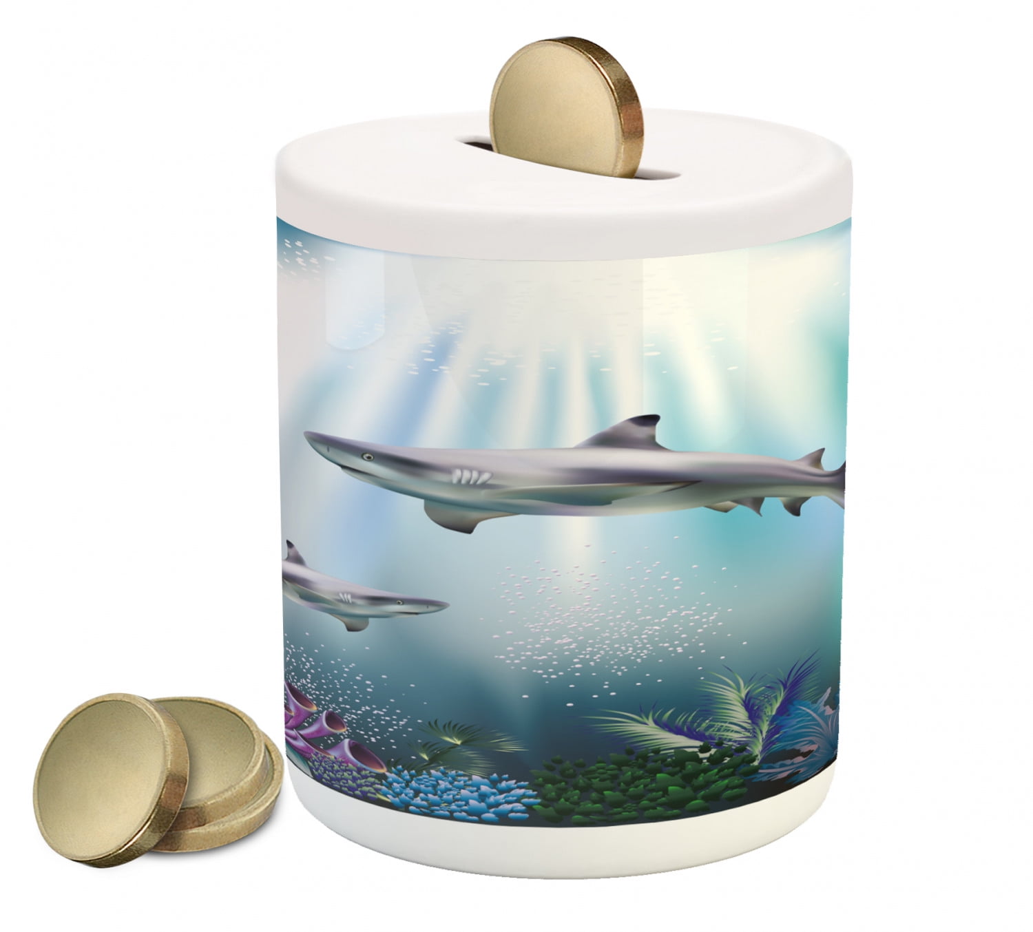 Underwater Piggy Bank, Realistic Illustration Wild Sharks and Plants ...