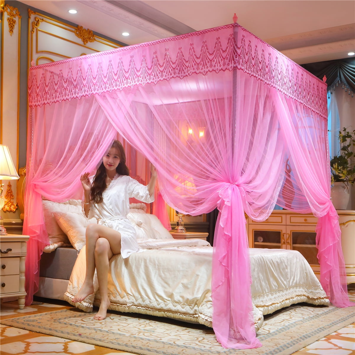 4 Corner Post Bed Canopy, Elegant Curtain Net for Single to King Size ...