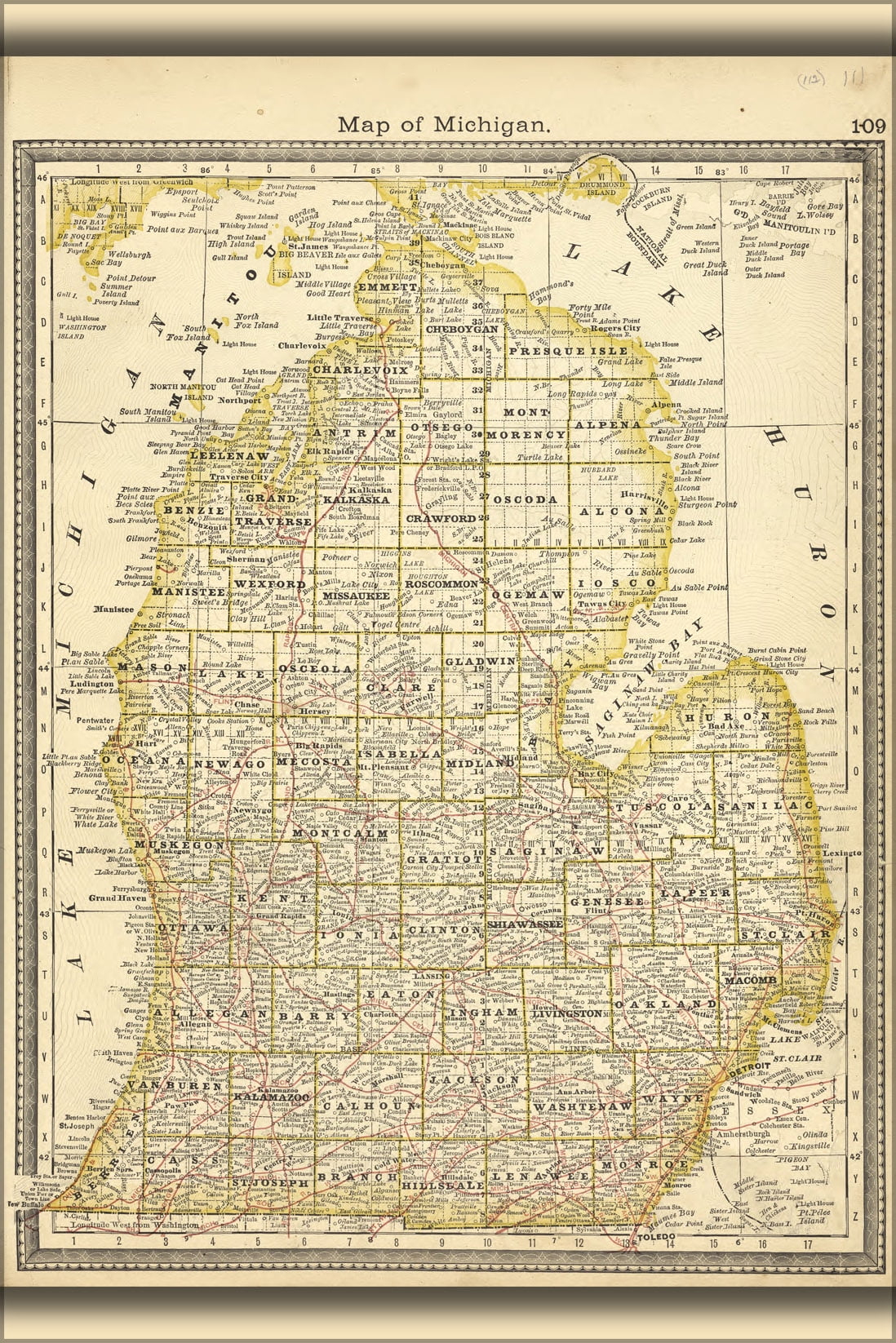 24"x36" Gallery Poster, map of michigan lower peninsula 1881 - Walmart.com