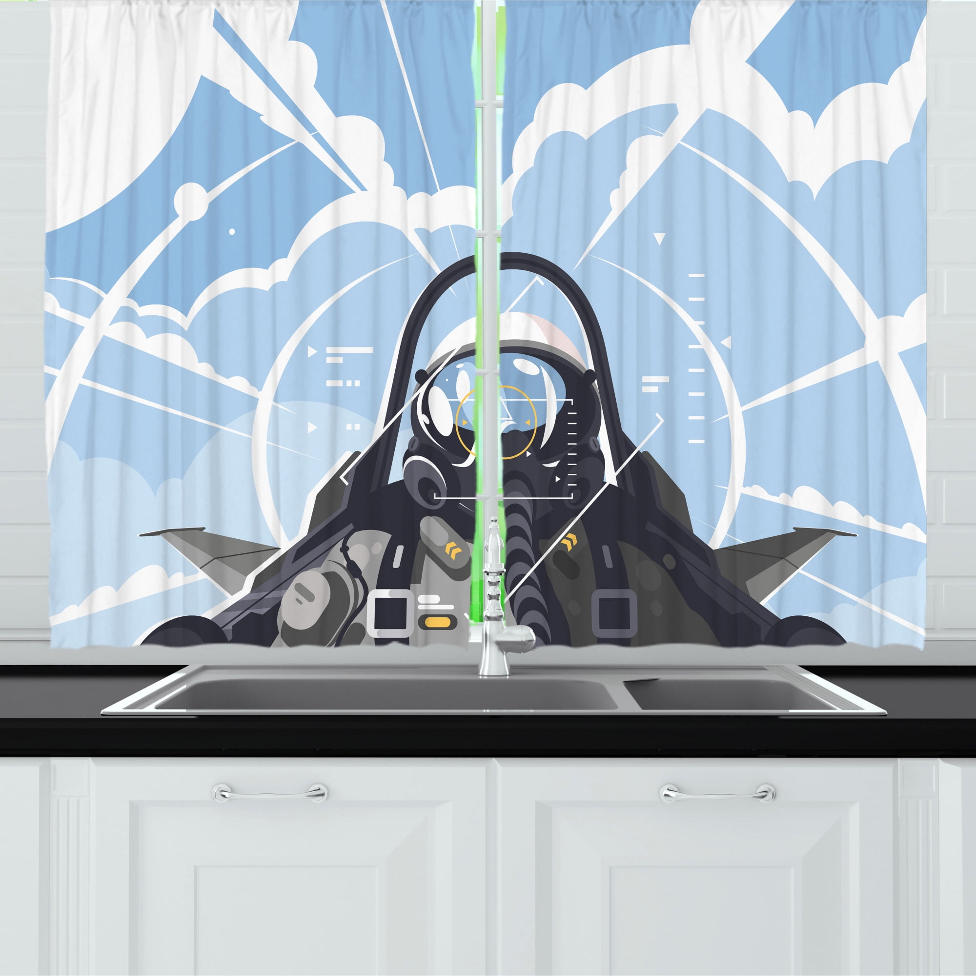Airplane Cockpit Kitchen Curtains, Modern Illustration Flight Aeroplane ...