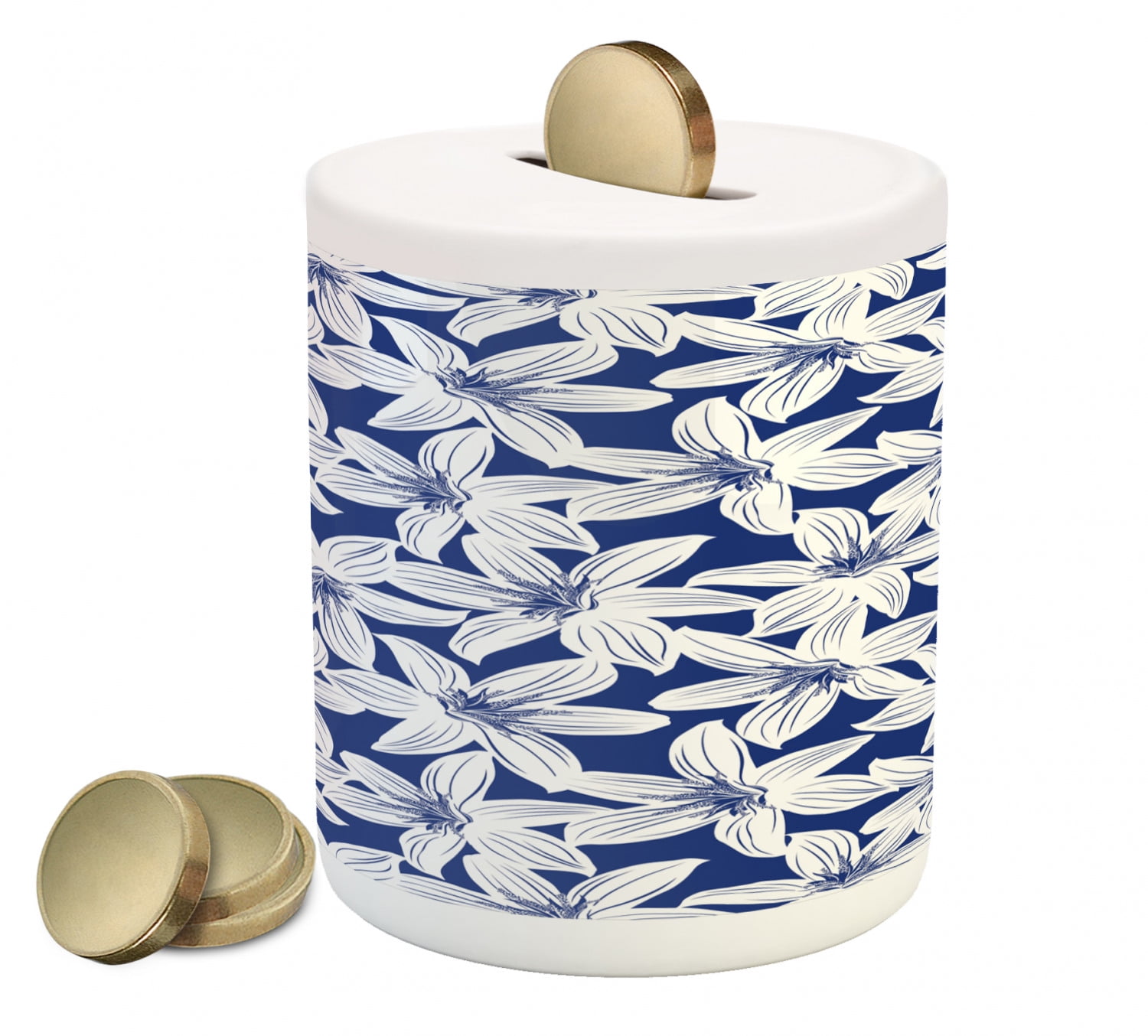 Navy Piggy Bank, Tropical Hibiscus Flower Petals Exotic Blossoms ...