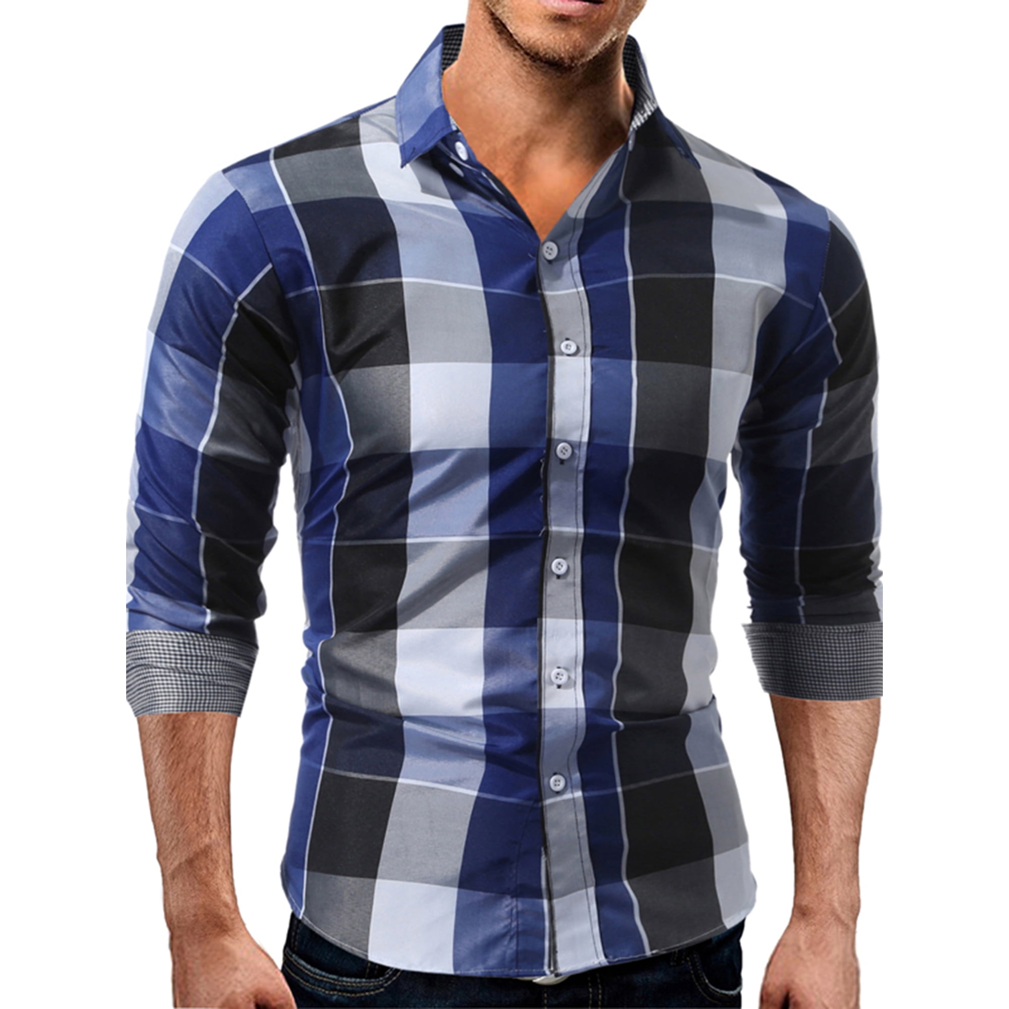 Click here for Sunsiom Mens Casual Lapel Collar Shirt  Plaid Prin... prices