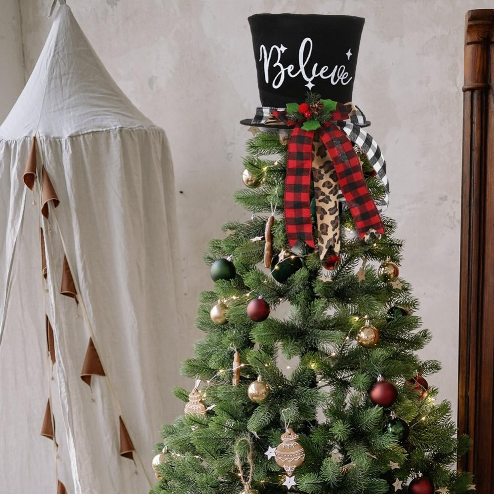Christmas Tree Toppers Decorations Xmas Top Hat With Red Plaid Bow Tree ...