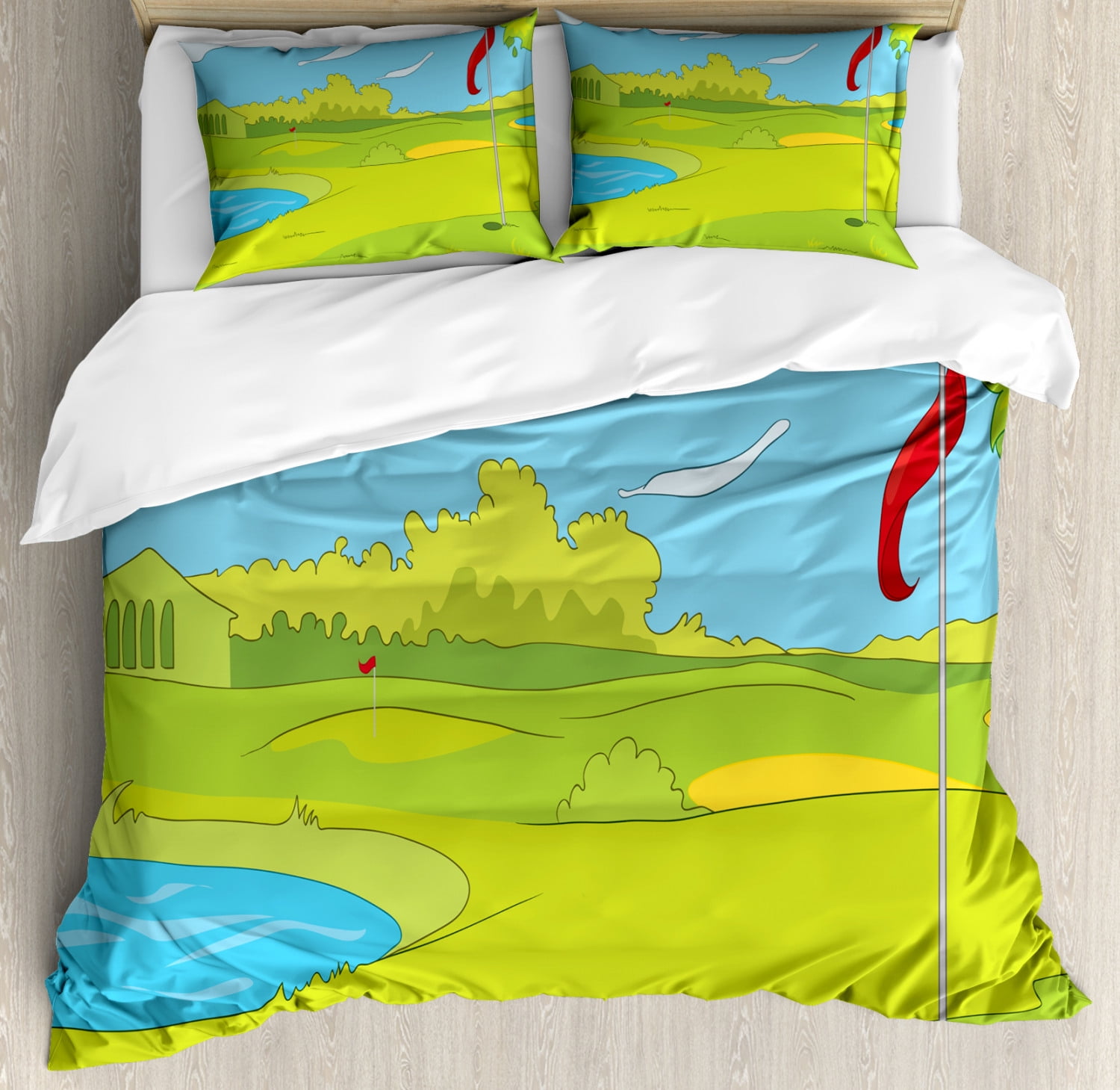 Golf Course Scene Duvet Cover Set King Size, Cartoon Style Scene of ...
