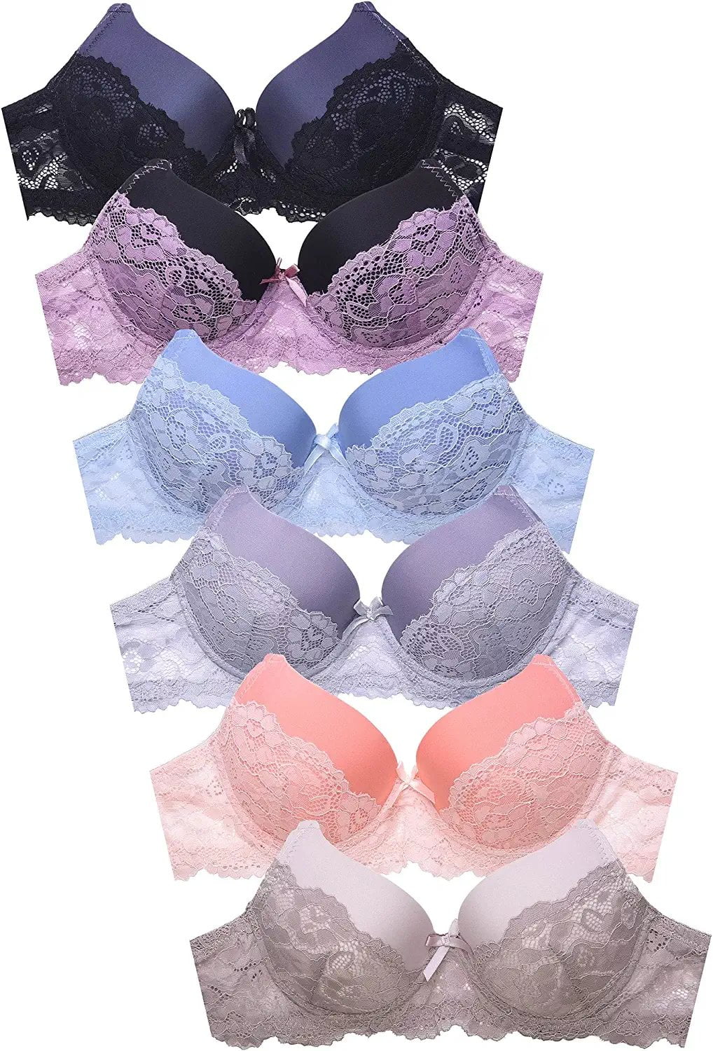 Women's Basic Plain Lace Bras Petite to Plus Size Pack of 6- Various ...