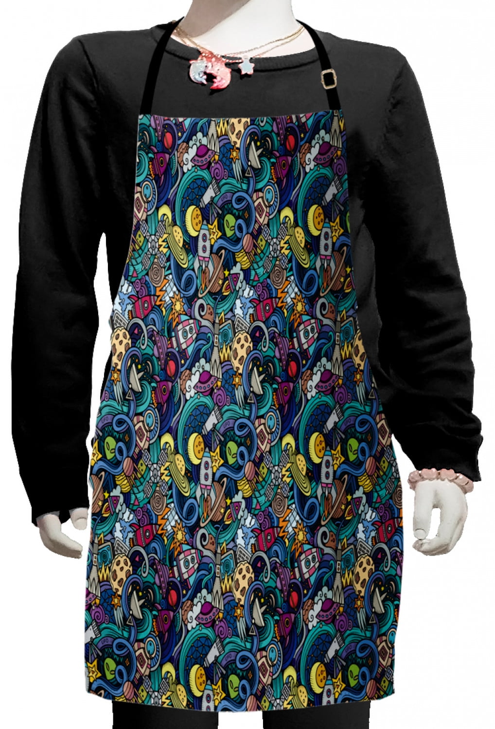 Space Kids Apron, Abstract Cartoon Science Fiction Themed Image with ...
