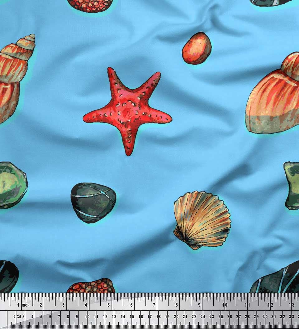 Soimoi Blue Japan Crepe Satin Fabric Gemstone,Seashell & Starfish Ocean ...