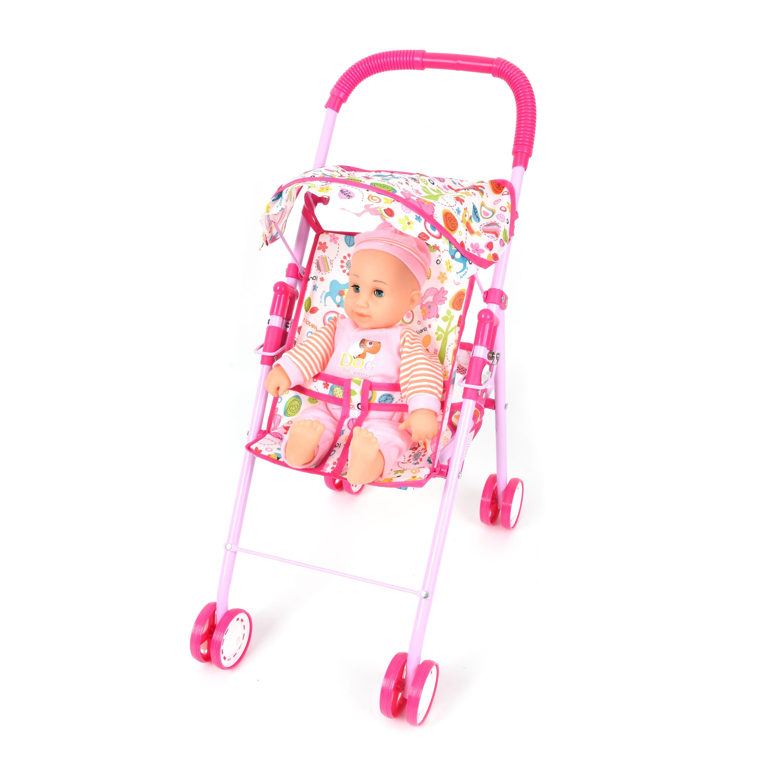 WonderPlay Pretty In Pink Kids Doll Stroller With 14 Inch Doll & 4 ...