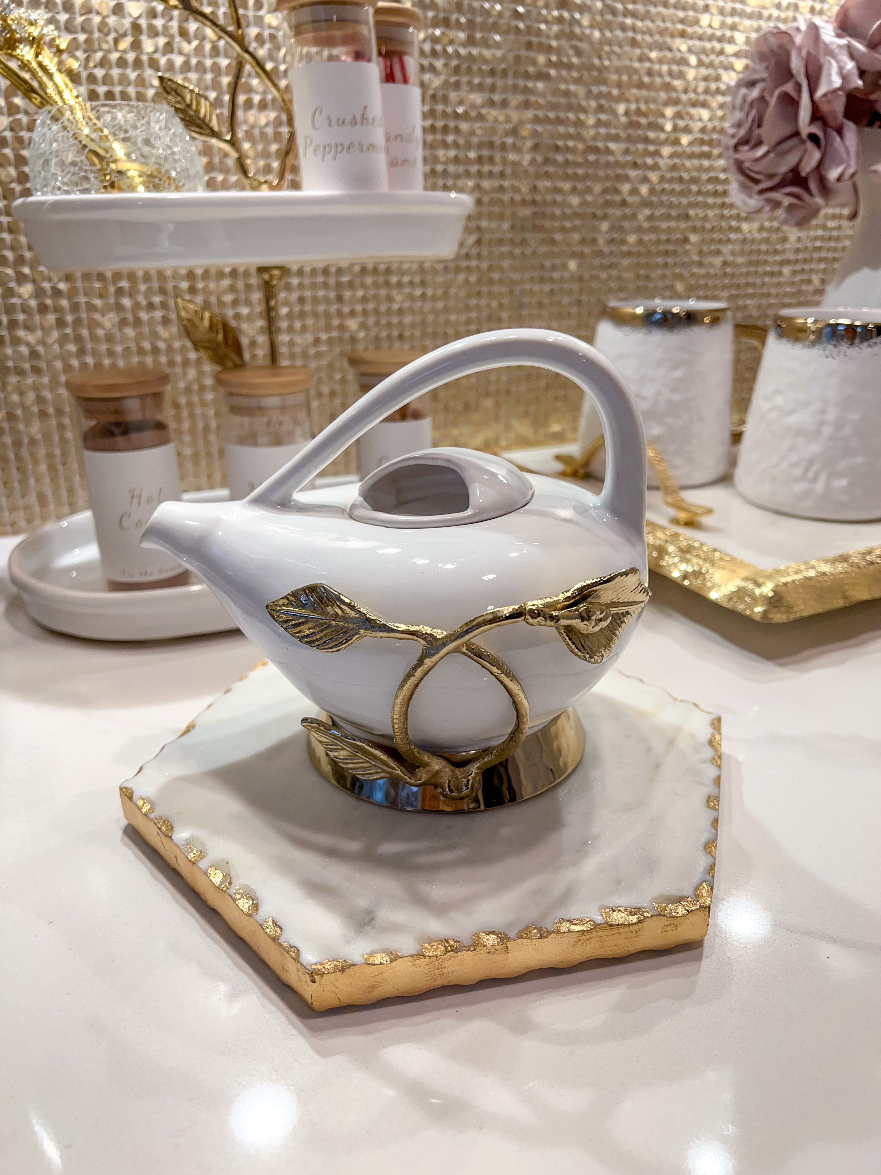 White and Gold Leaf Ornate Tea Pot - Walmart.com