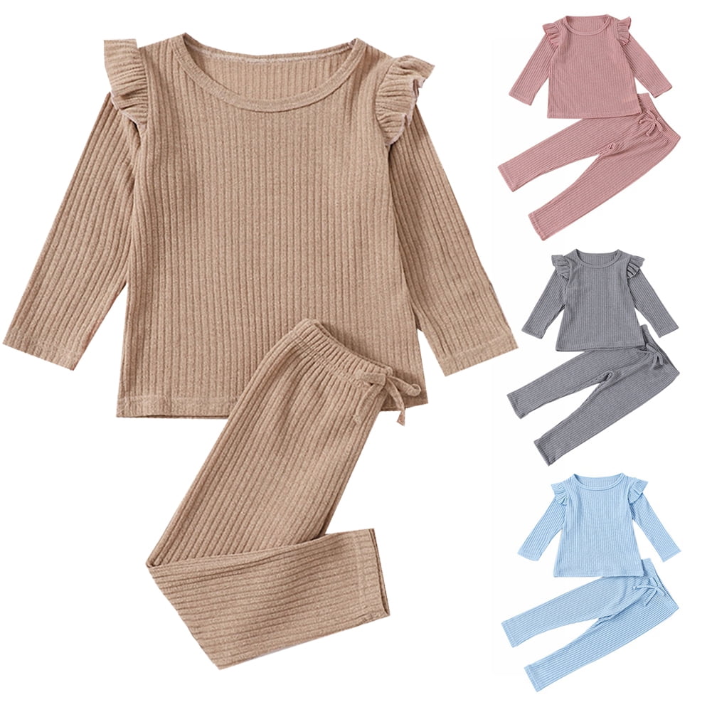 1-6T Kids Baby Girls Soft Comfy Cotton Fall Winter Ruffled Tops Pants 2 ...