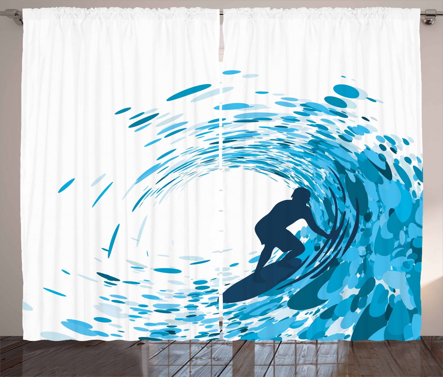 Ride The Wave Curtains 2 Panels Set, Silhouette of a Surfer under Giant ...