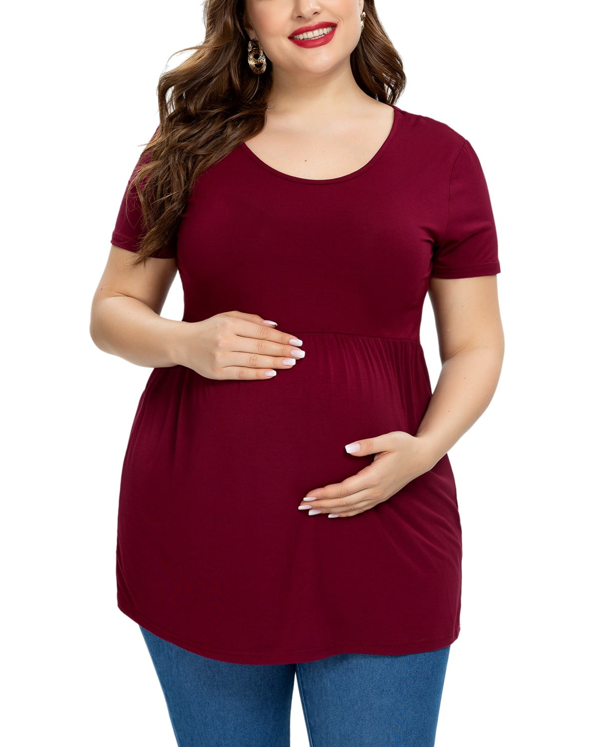 Ecavus Maternity Tops Plus Sizes Short Sleeve Shirt Wine Red 1X ...