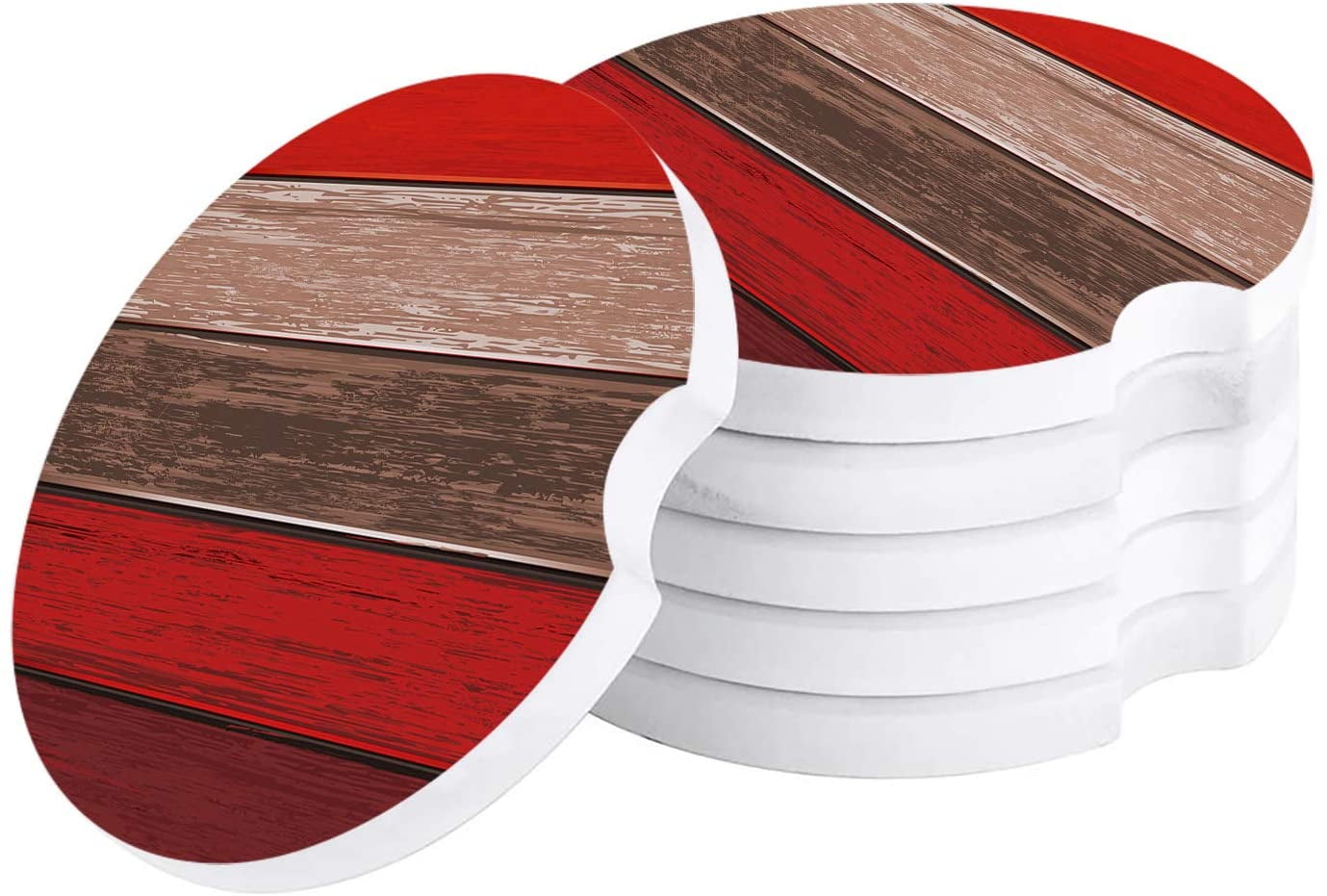 FMSHPON Red and Brown Rustic Wood Grain Set of 4 Car Coaster for Drinks ...