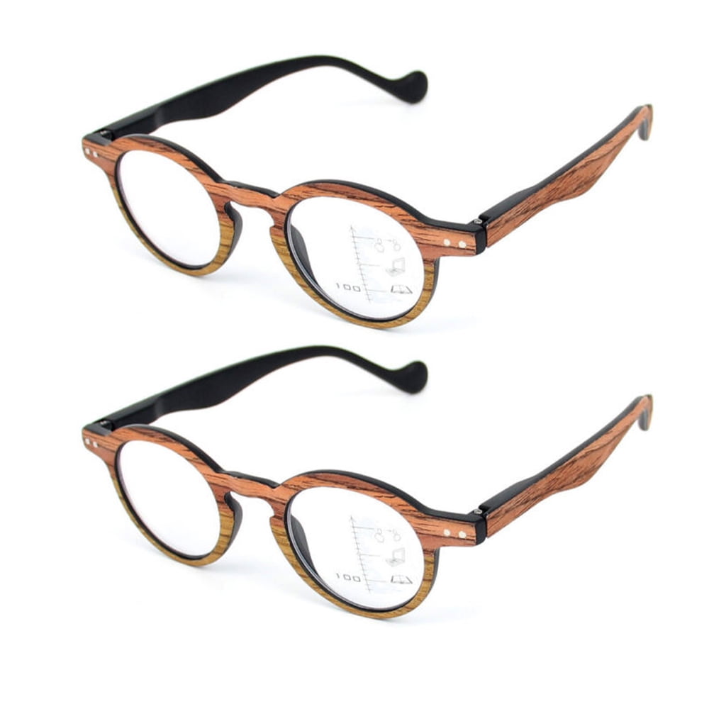 2 Pack Round Wood Grain Reading Glasses Progressive Readers Presbyopic ...