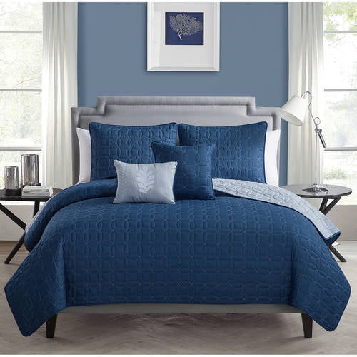 VCNY Hayden 5-Piece Navy Geometric Polyester Quilt Set, King ...
