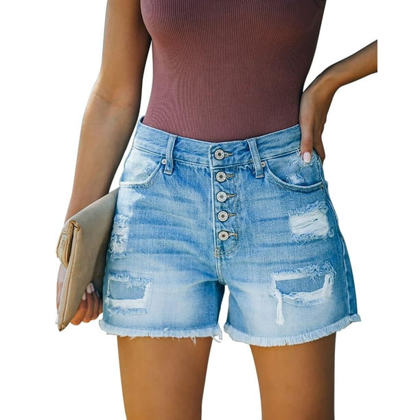 ONLYSHE Blue Frayed Denim Shorts for Women Pockets Mid Waist Ripped Hem ...