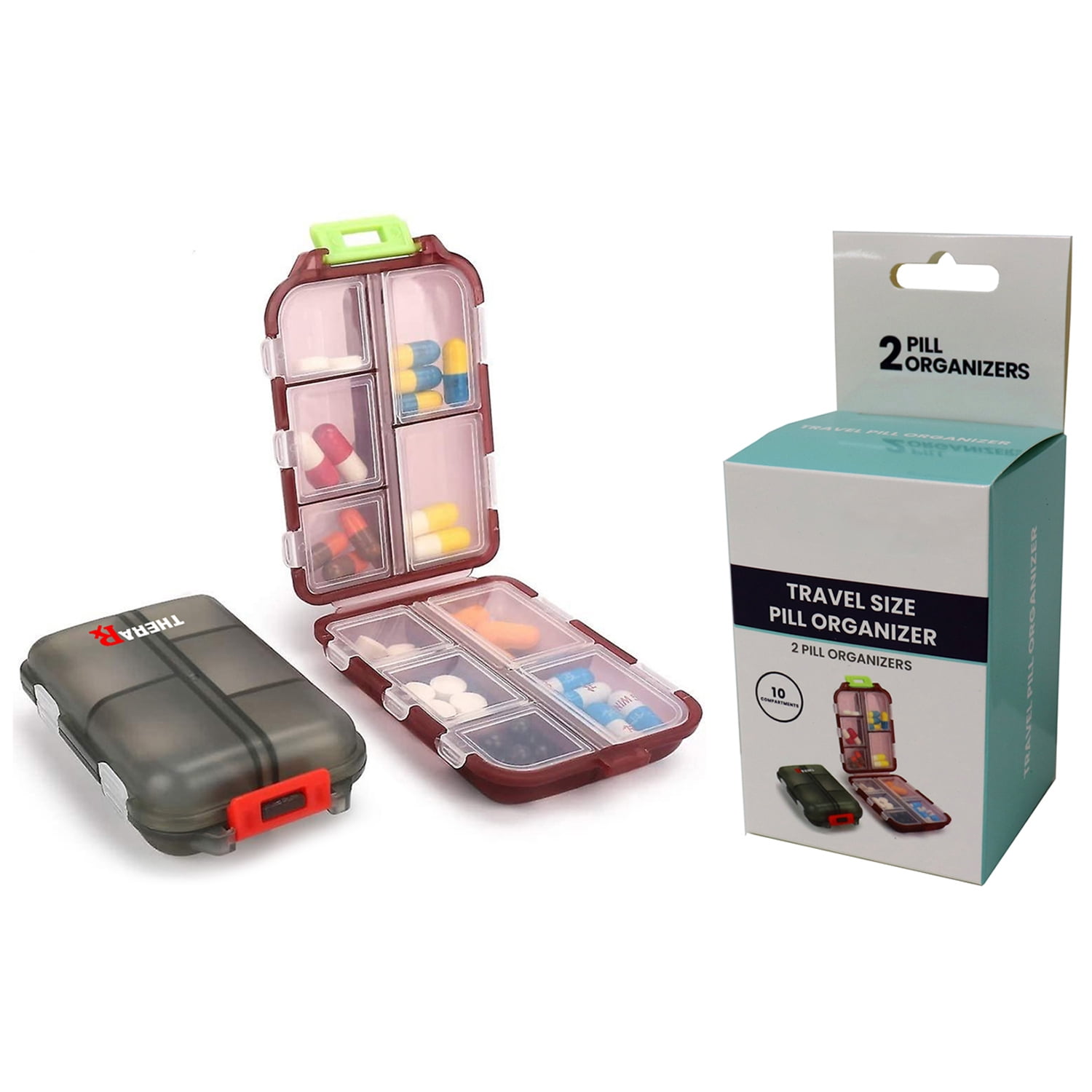 2-Pack Portable Pill Box Organizer with 10 Individual Compartments ...
