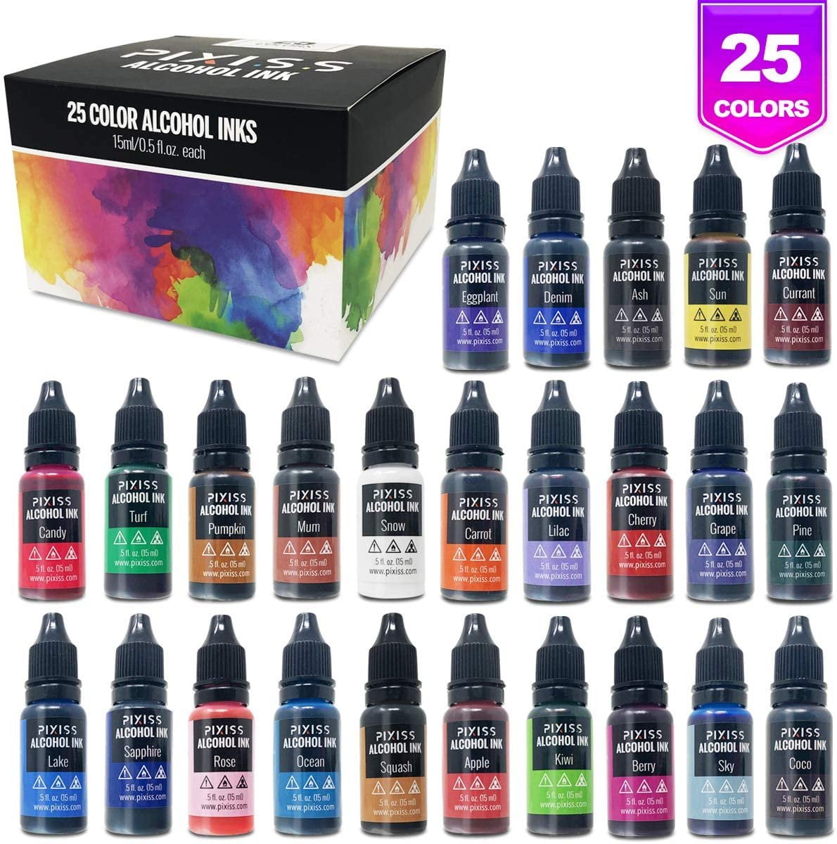 Pixiss Alcohol Ink Set - 25 Large Highly Saturated Colors (15ml/.5oz ...