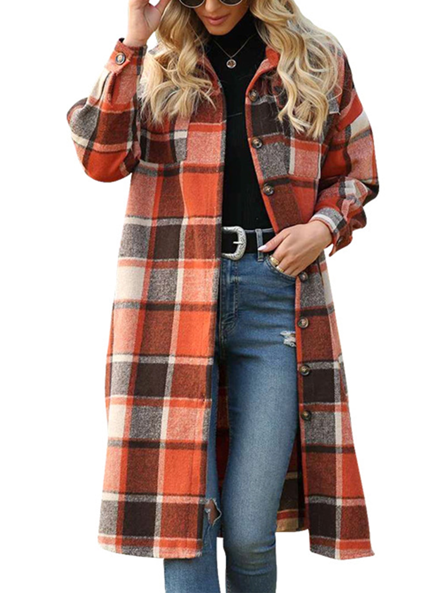 Sexy Dance Women's Vintage Plaid Flannel Long Jacket Wool Blend Button ...