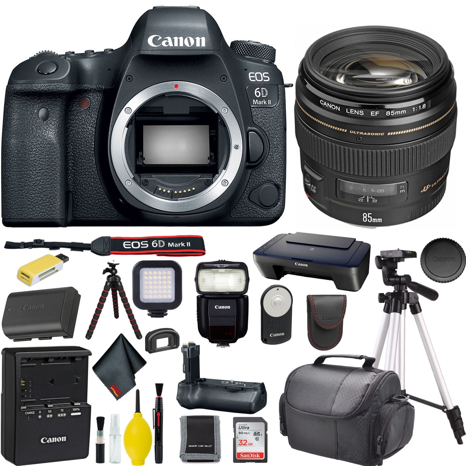 Canon EOS 6D Mark II DSLR Camera w/ 32GB Memory + Battery Grip + Flash ...
