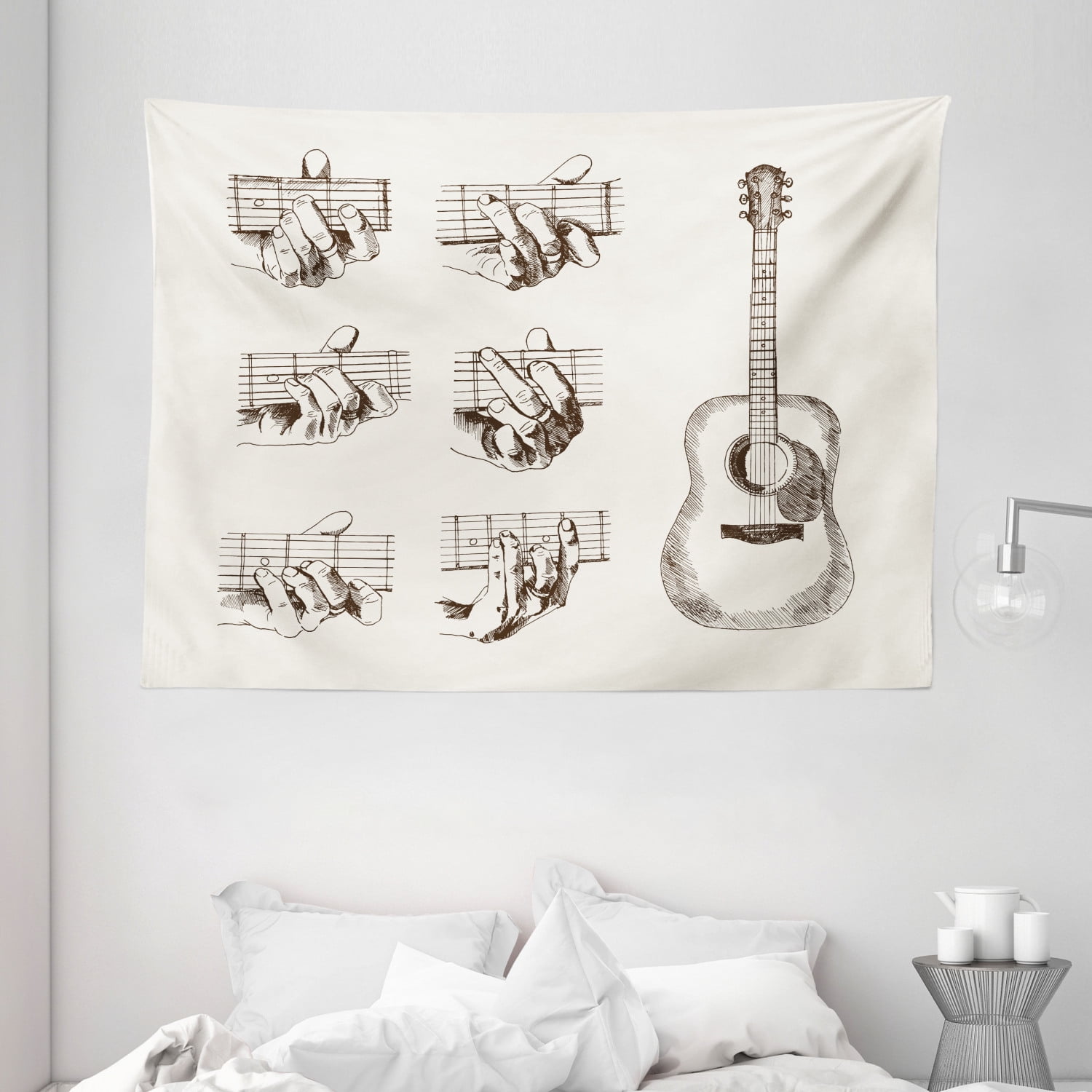 Guitar Tapestry, Sketch Art Style Instrument and Chords Acoustic ...