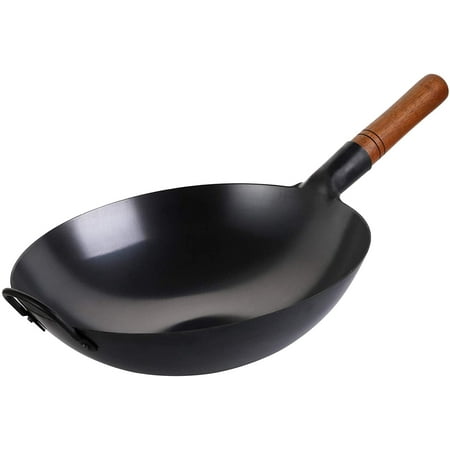 HTCM 14 Inch Carbon Steel Wok Pan with Double Handles, Pre-Seasoned ...