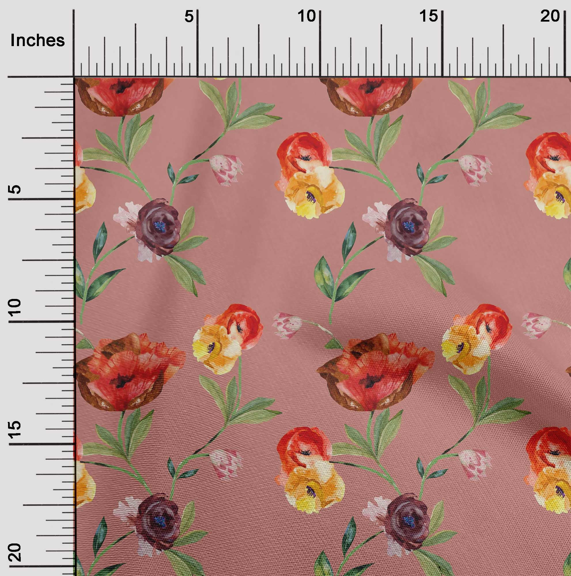 oneOone Cotton Poplin Dusty Rose Fabric Flower & Leaves Watercolor ...