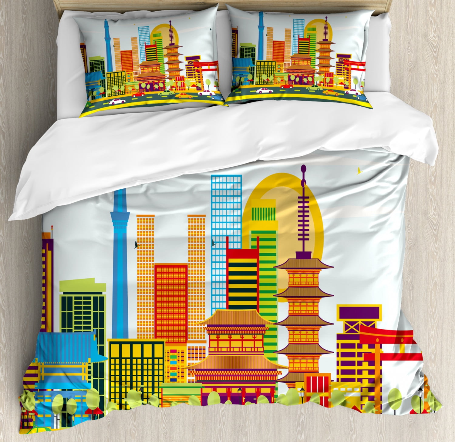 Tokyo Duvet Cover Set Queen Size, Skyline of Japan City with Unique ...