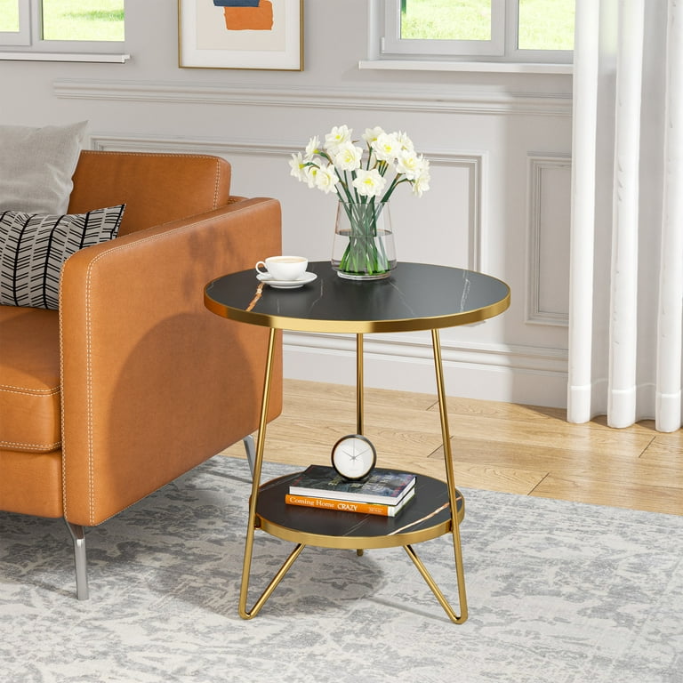 Marble End Table 2 Tier Round Side Table with Shelves Modern Gold Nightstand Bedside Table Small Coffee Accent Table for Living Room Bedroom Black