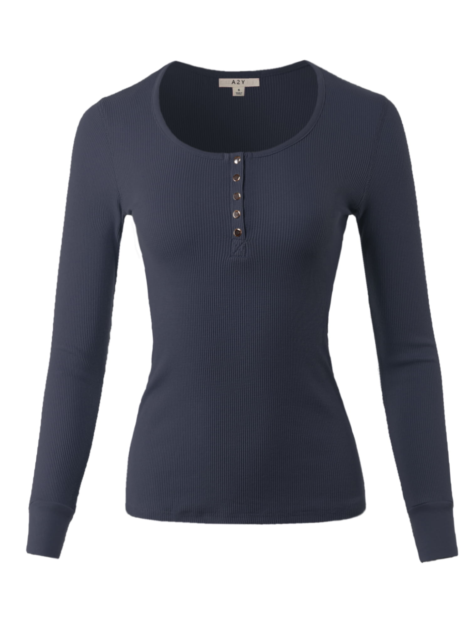 A2y Womens Fitted Snap Button Henley Crew Neck Long Sleeve Thermal