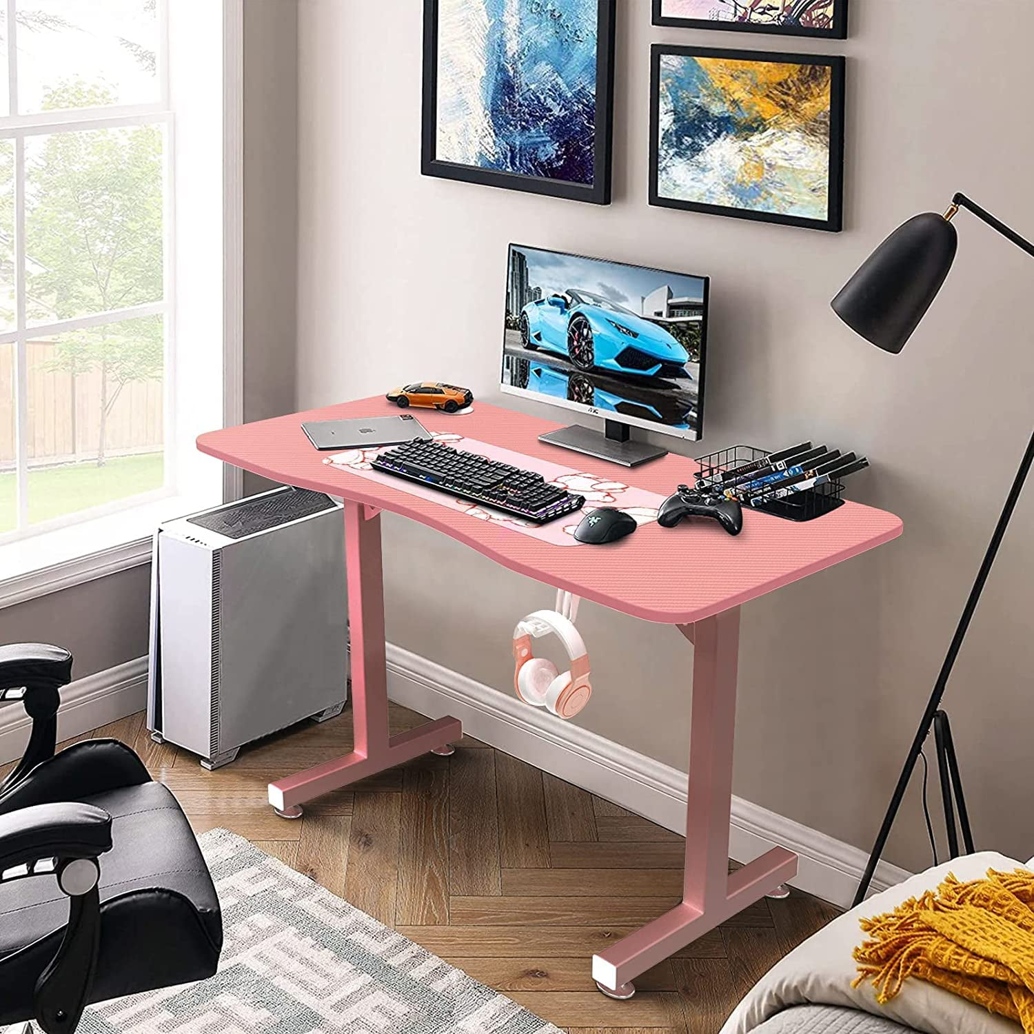 Vitesse Pink Gaming Desk: 40 Inch T-Shaped Computer Desk with Carbon ...