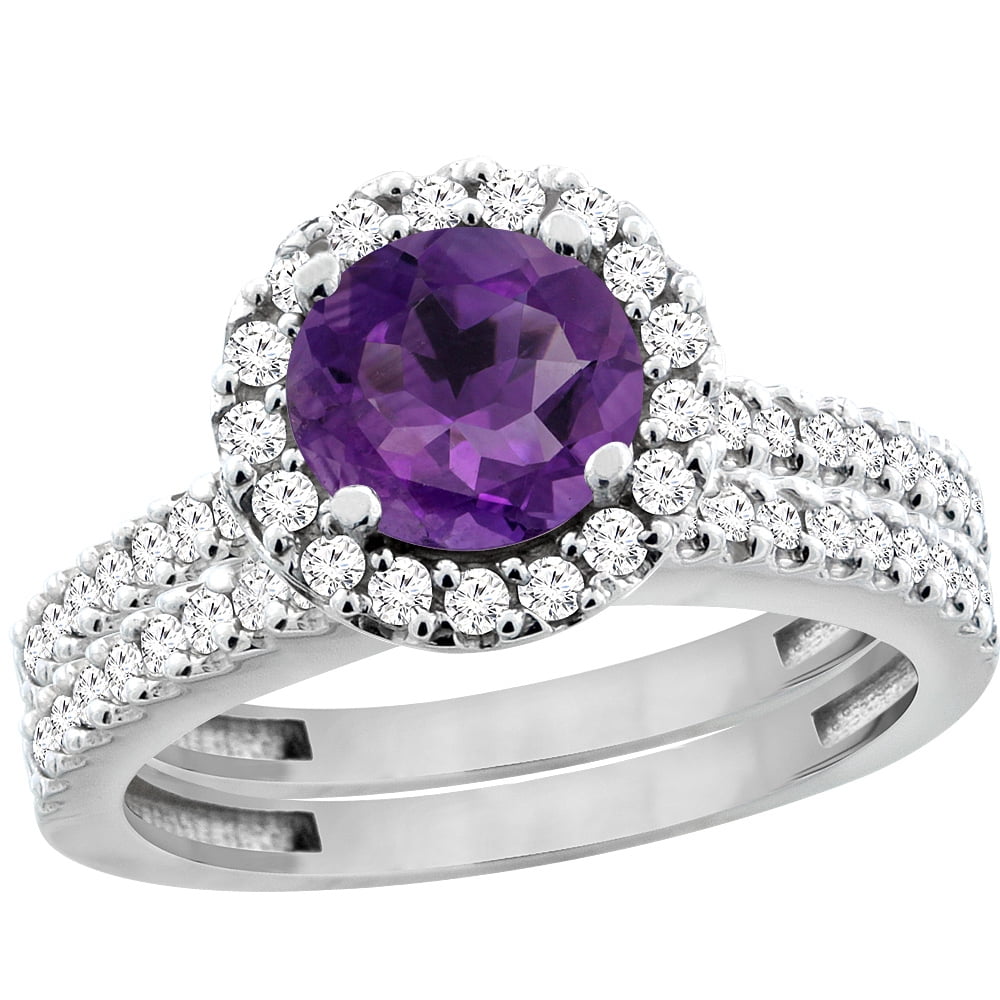14K White Gold Natural Amethyst Round 6mm 2-Piece Engagement Ring Set ...