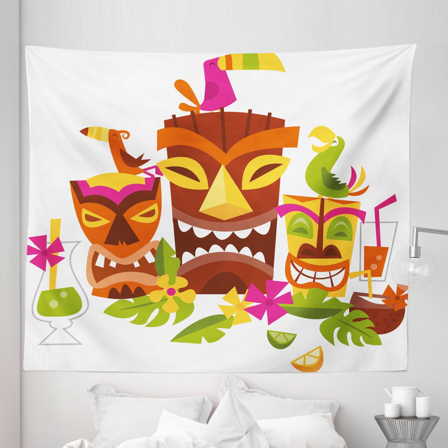 Luau Tapestry, 3 Grimacing Tiki Party Surrounded by Leaves Drinks and ...