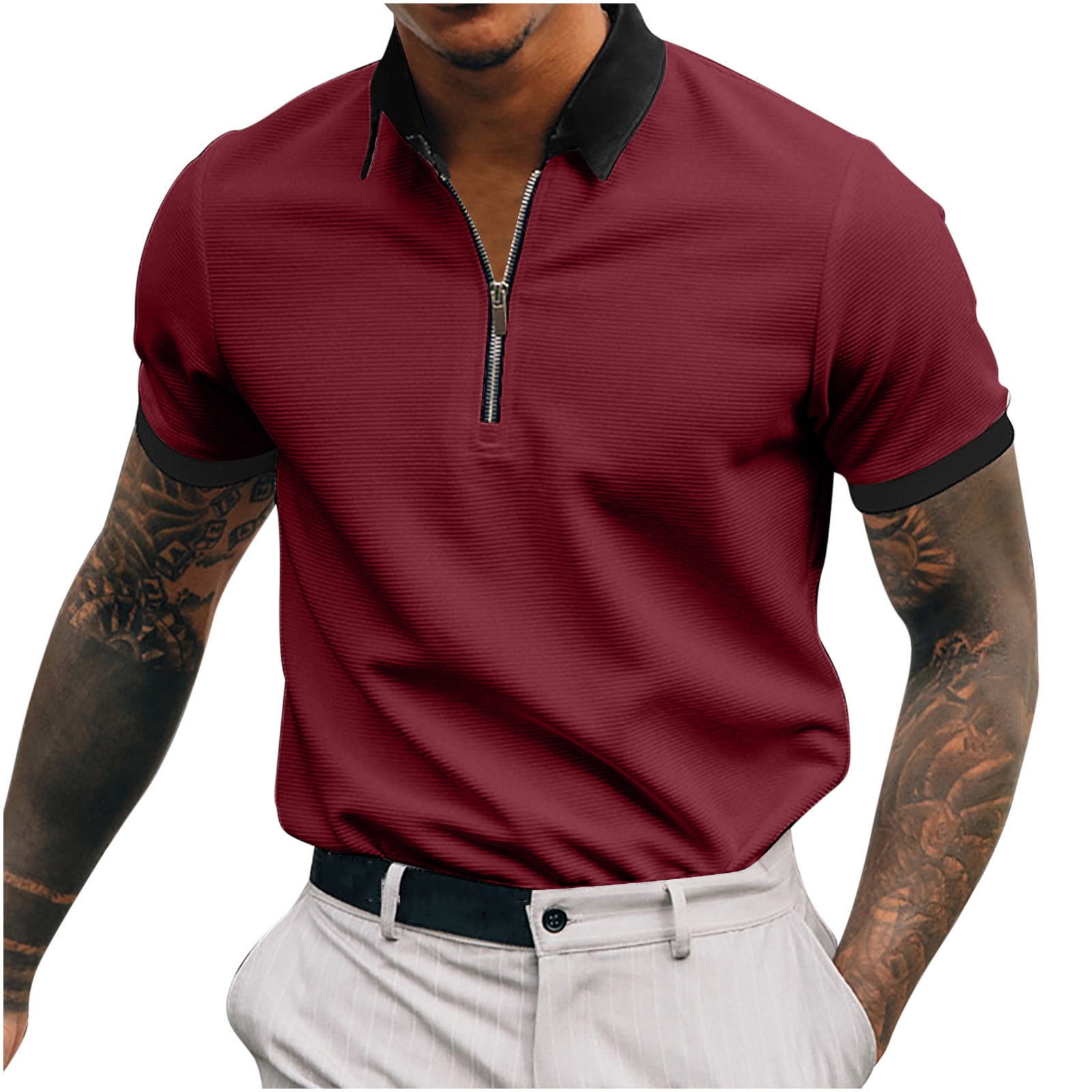 YYDGH Men's Zipper Polo Shirt Casual Knit Short Sleeve Polo T Shirt ...