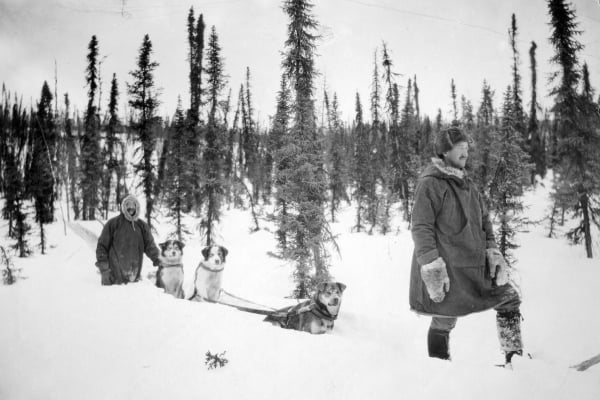 Print: Dog Sled And Men On Snow Shoes Near Fairbanks, circa 1900 ...