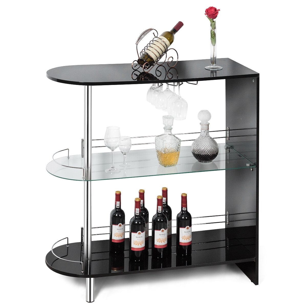 Black Bar Table Wine Storage Unit w/Tempered Glass Shelf & Holders ...