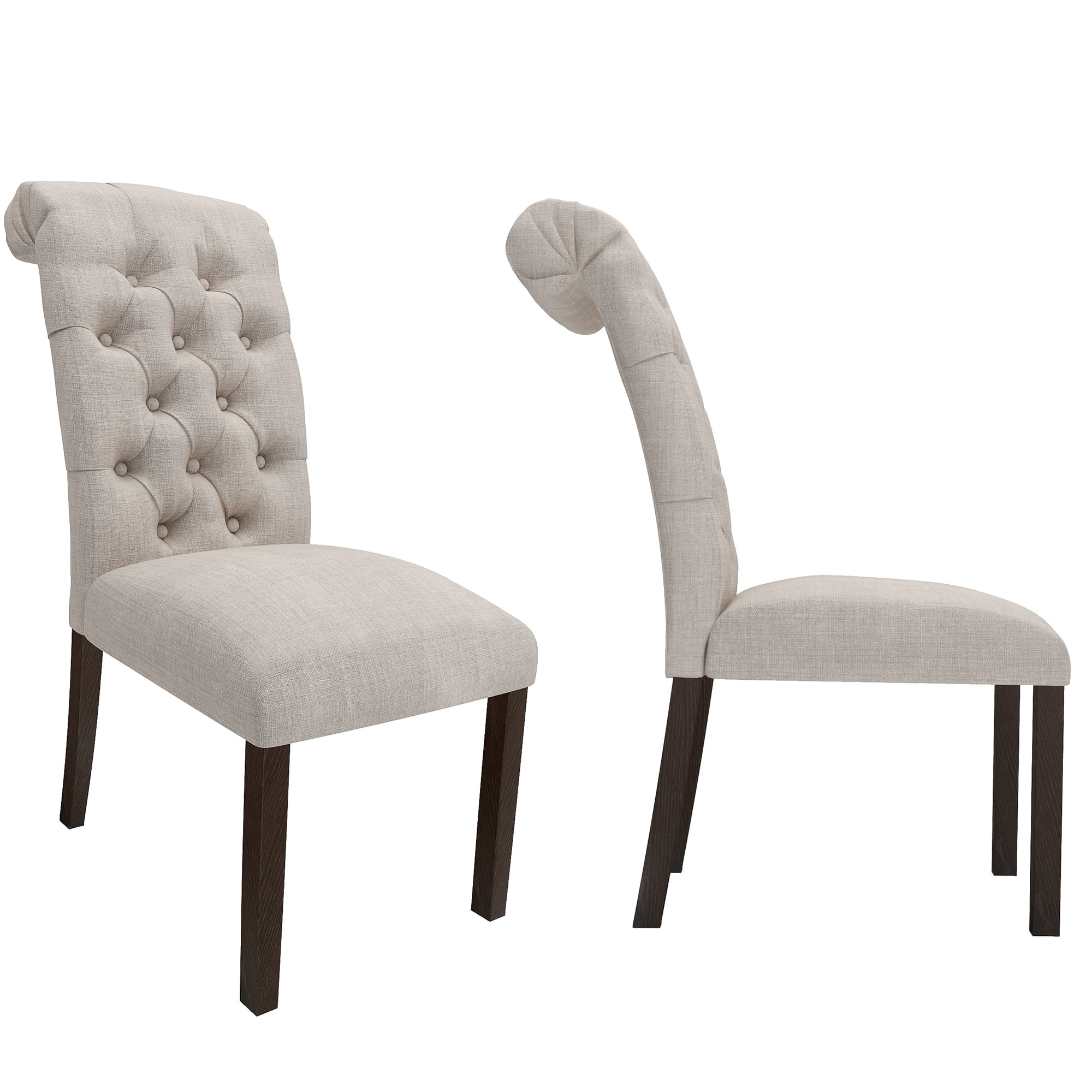 Fabric Upholstered Dining Chairs in a Soft Beige Linen with Tufted Back ...