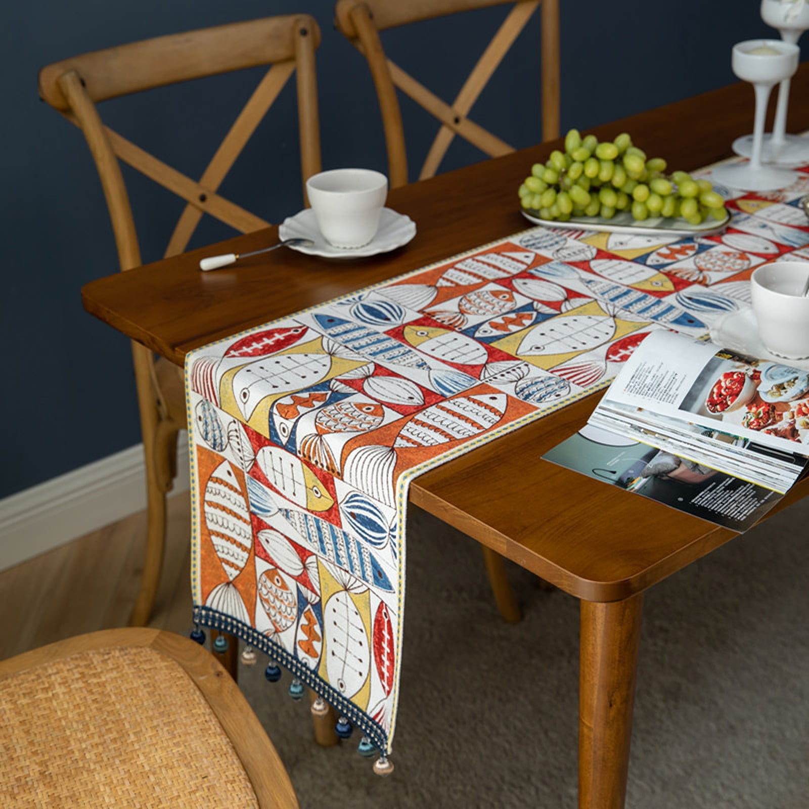 Red Fish Abstract Table Runner with Tassels Linen Polyester Chenille ...