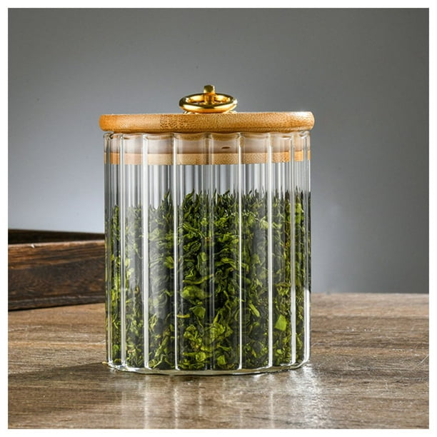 AMERTEER Vertical Grain Glass Jar Wood Lid Round Jar Container for ...