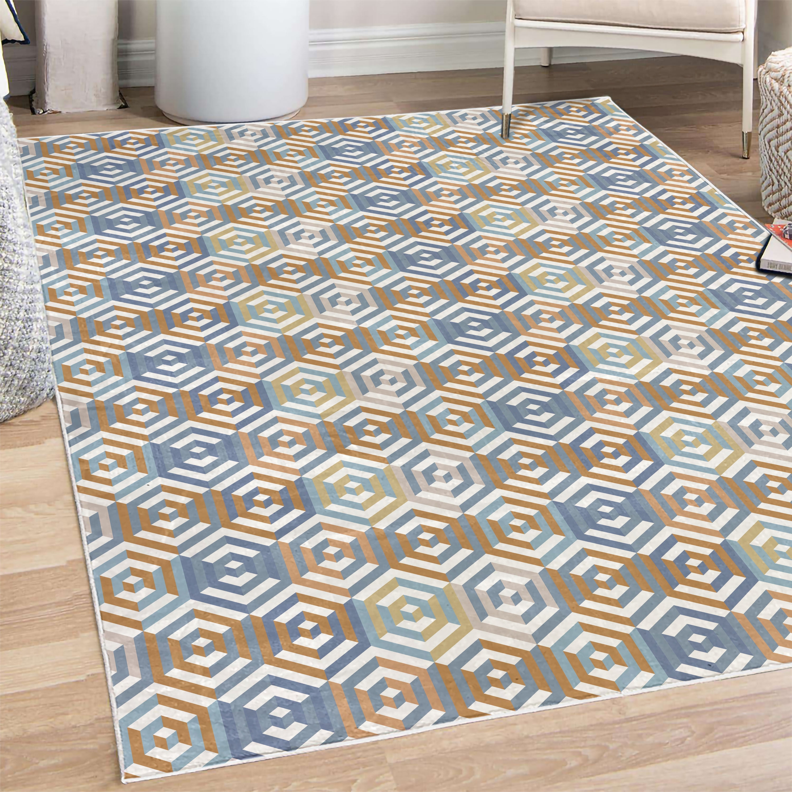 Geometric Decorative Rug Abstract Cubes Isometric Hexagonal Shaped Pattern Colorful Retro