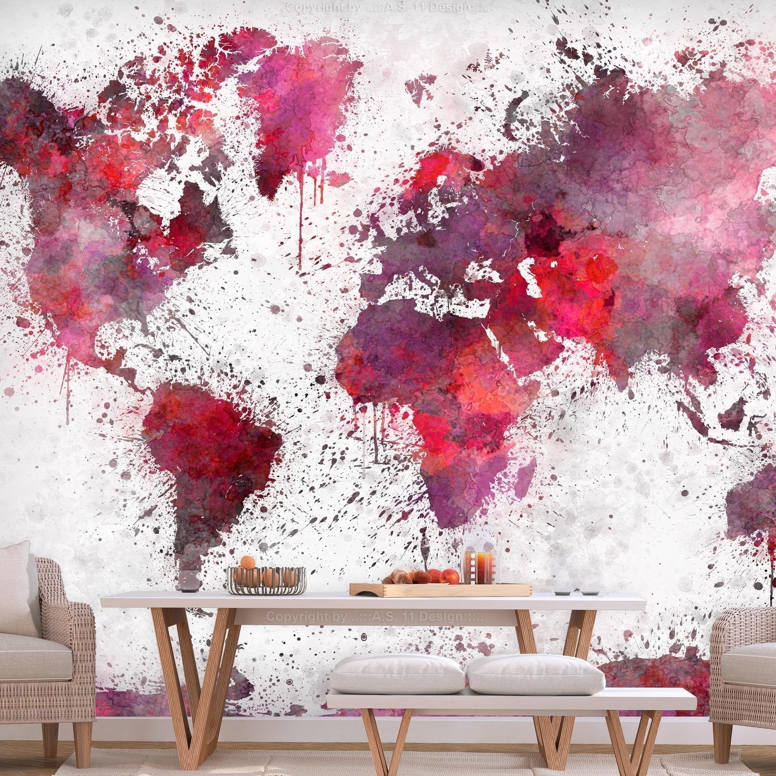 Tiptophomedecor World Map Wallpaper Wall Mural - Map In Red Watercolors ...