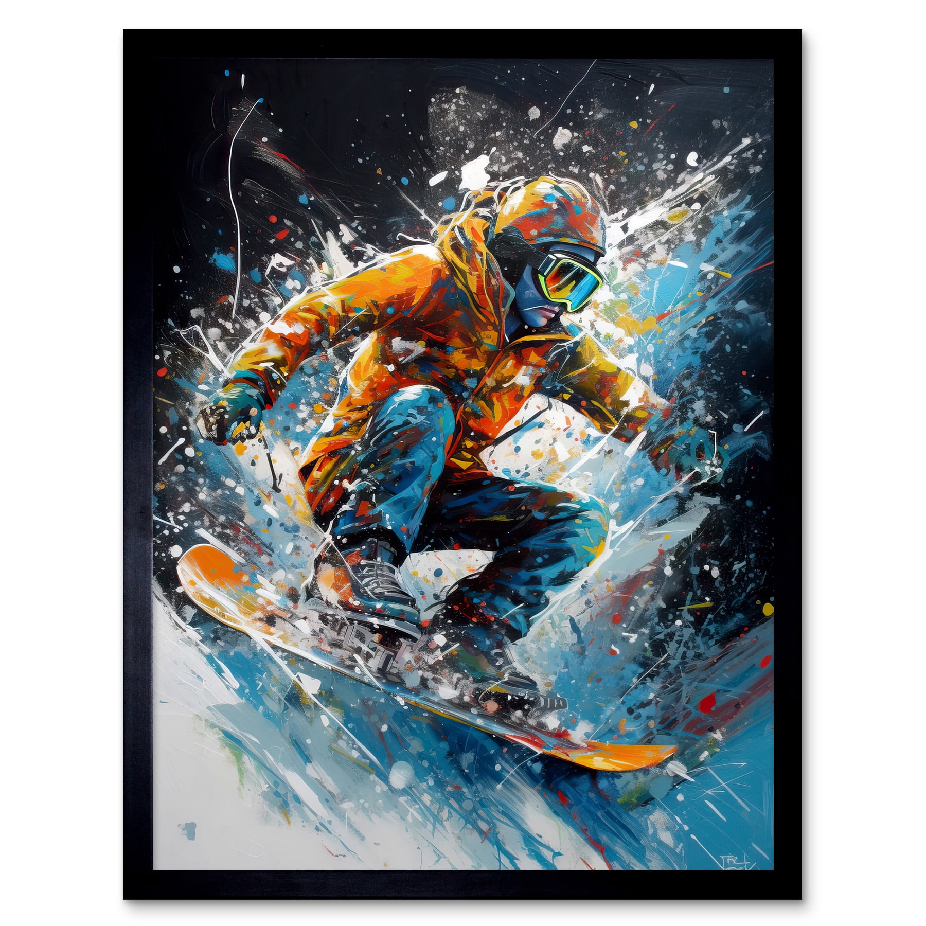 Snowboarder Landing Snowboard Jump Splatter Paint Art Print Framed ...